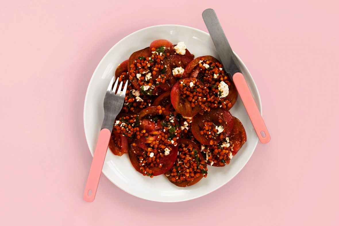 Black tomato plate lentil salsa with feta cilantro