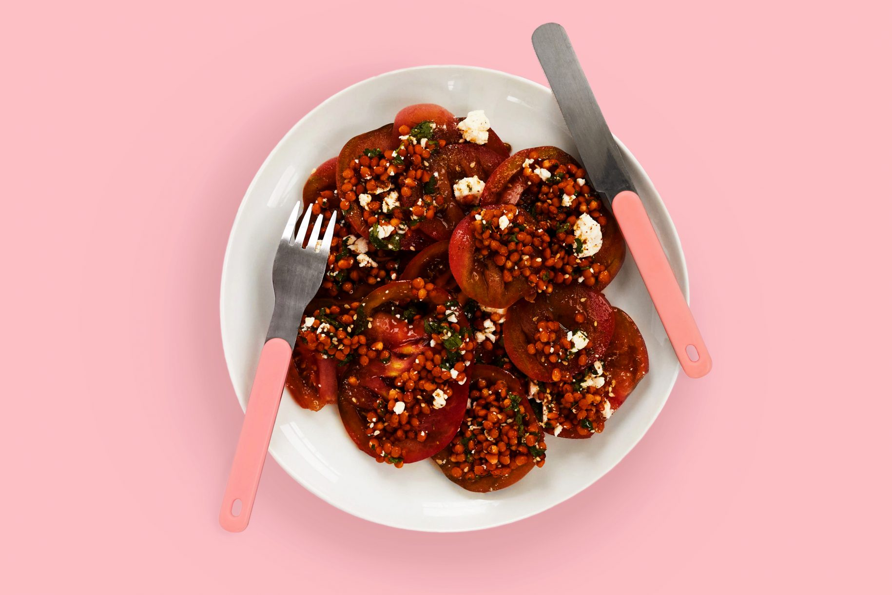 Black tomato plate lentil salsa with feta cilantro